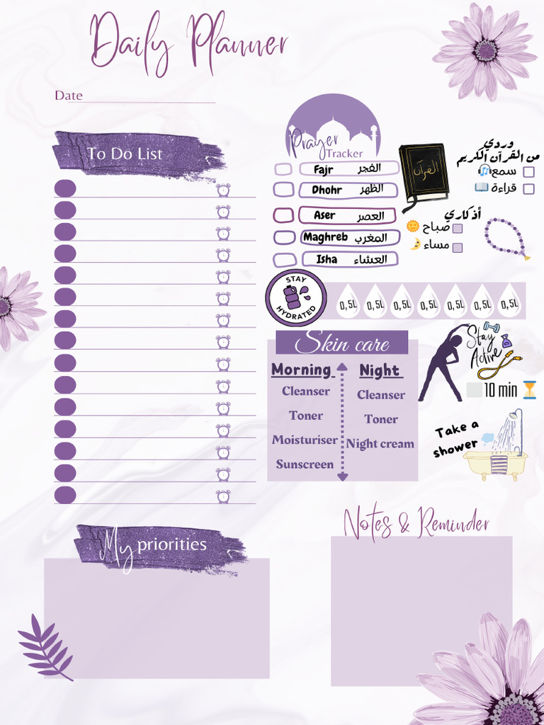 Purple Aesthetic Floral Illustration Daily Planner | PDF