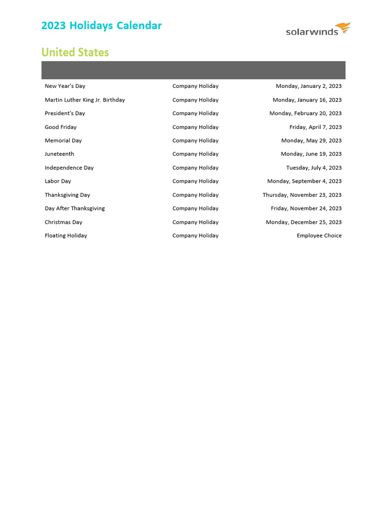 2023 Global Holidays Calendar | PDF