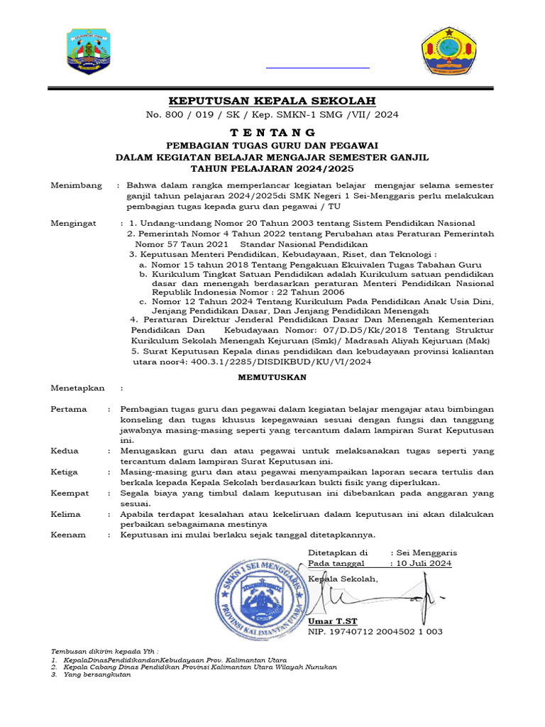 SK Pebagian Tugas 2024-2025 Ganjil | PDF