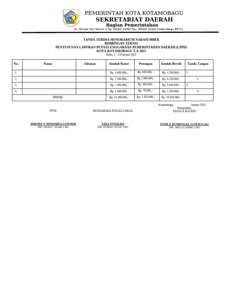 Daftar Tanda Terima Honor Narasumber | PDF