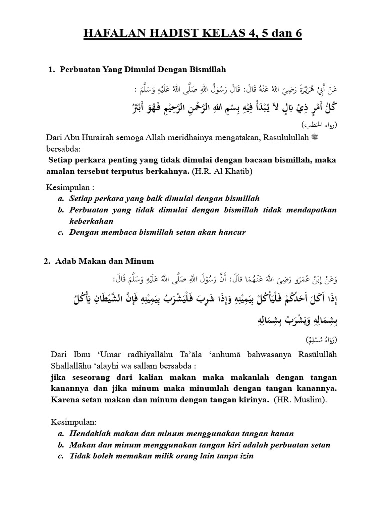 Hafalan Hadits Kelas 4, 5,6 | PDF