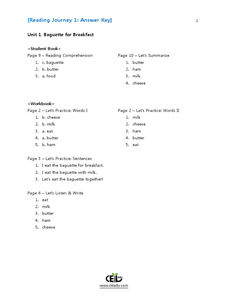 (ReadingJourney1) AnswerKey | PDF