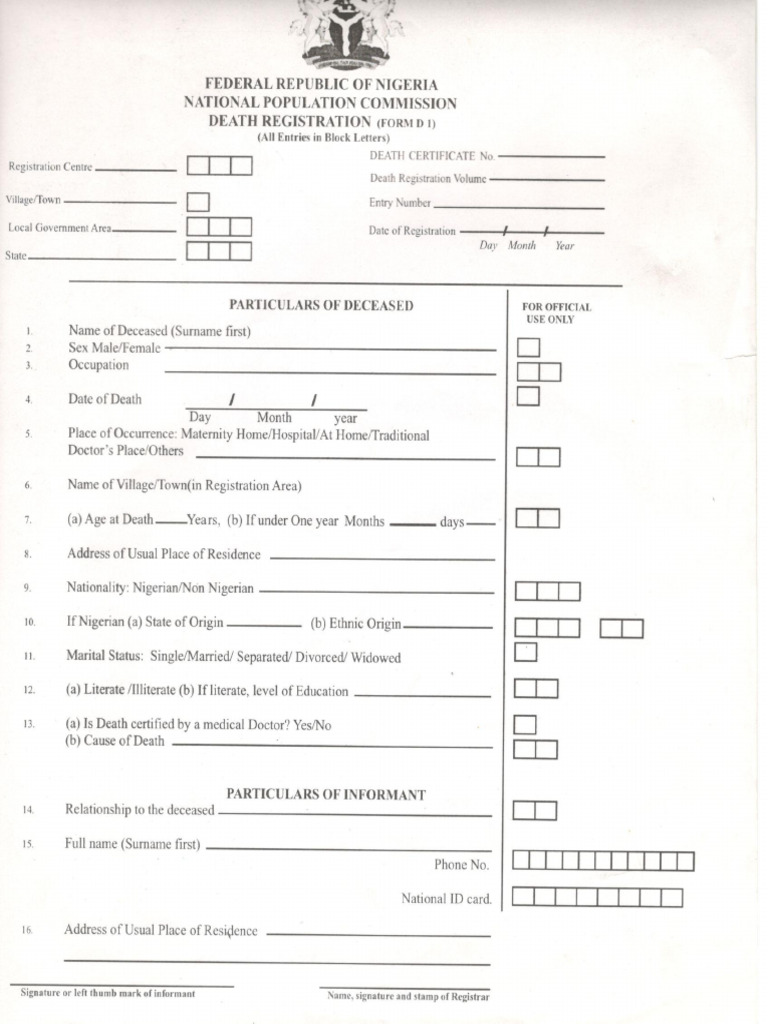 Death Reg Form Nigeria | PDF