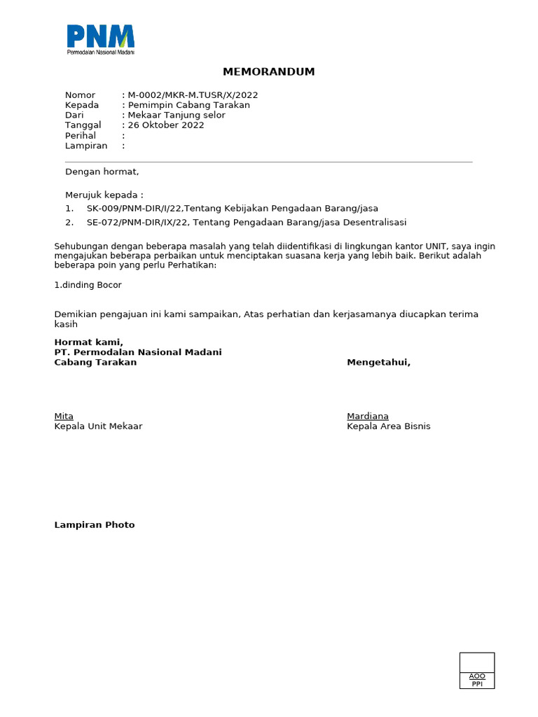 Memo Permintaan Perbaikan | PDF