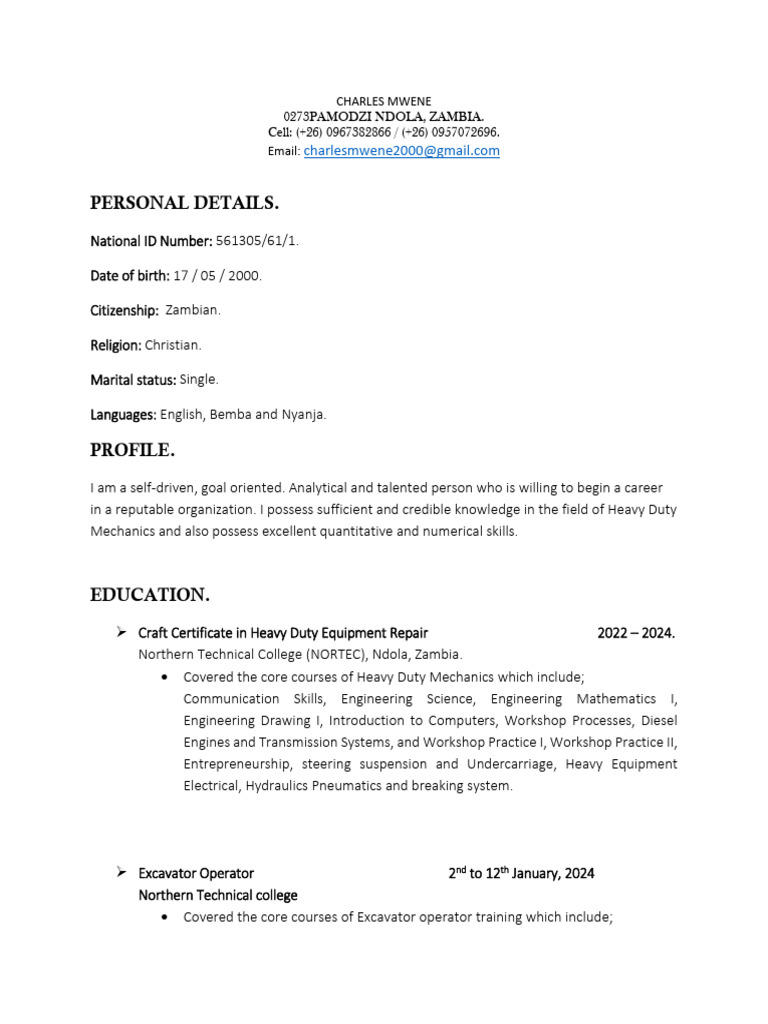 Personal Details.: Charles Mwene 0273pamodzi Ndola, Zambia. Cell: (+26 ...