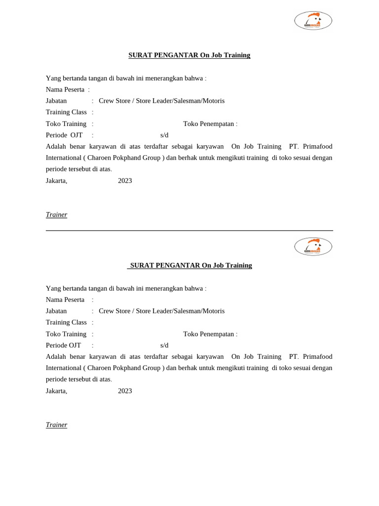 Surat Pengantar Ojt Crew Store | PDF