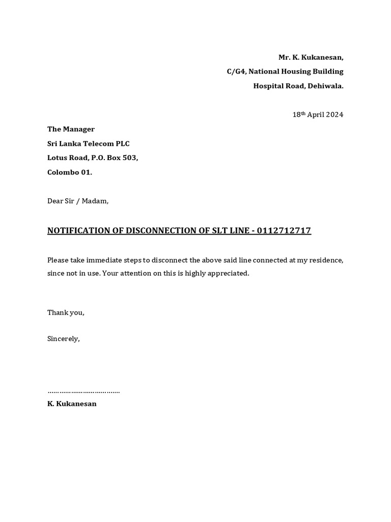 Letter To SLT Line Disconnection 18.04.2024 | PDF