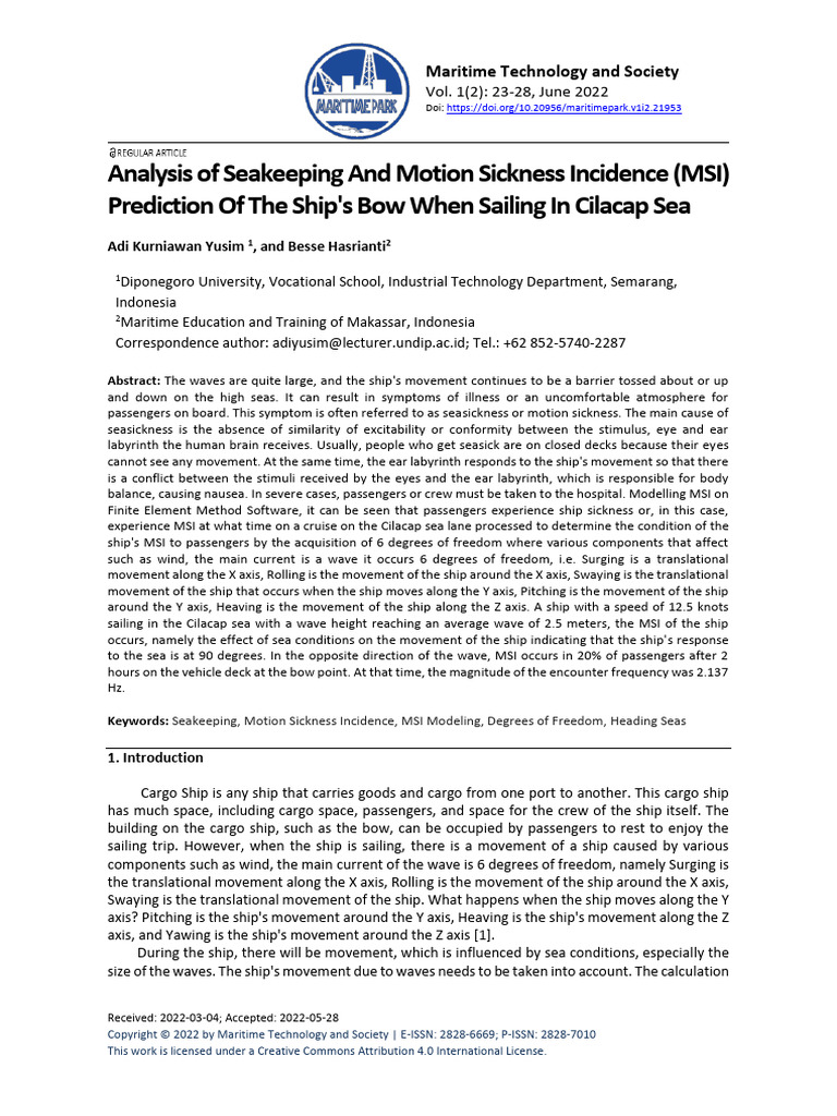 Analysis of Seakeeping and Motion Sickness Incidence (MSI) | PDF ...