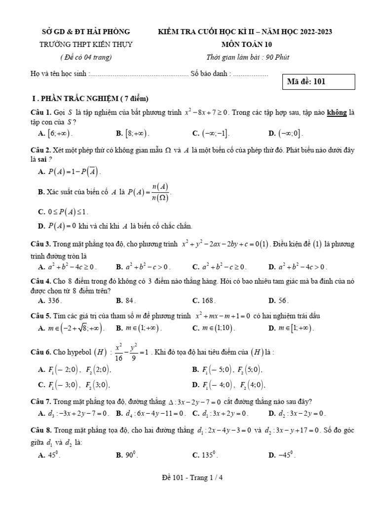 De Cuoi Hoc Ki 2 Toan 10 Nam 2022 2023 Truong THPT Kien Thuy Hai Phong | PDF