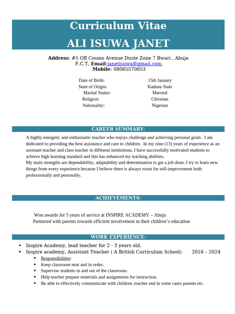 Janet Isuwa Ali CV 2024 | PDF