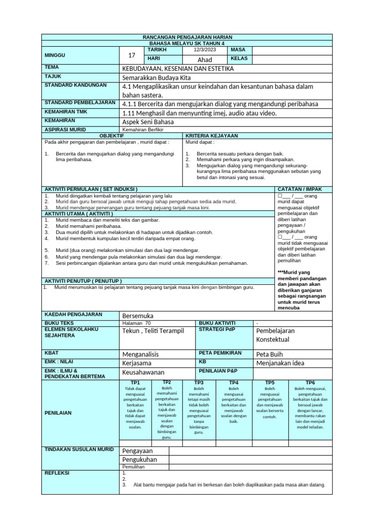 RPH Minggu 17 BM SK THN 4 2024 by Cikgu Gorgeous | PDF