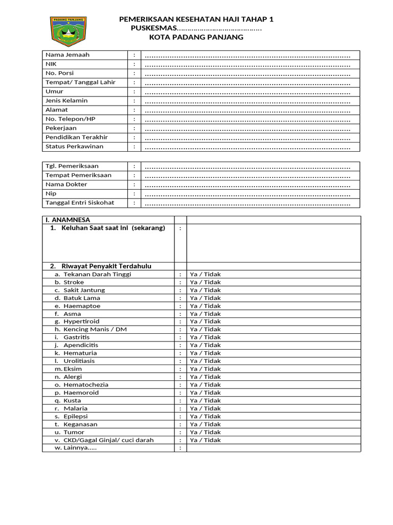 Formulir Pemeriksaan Kesehatan Haji Tahap 1 | PDF Formulir Pemeriksaan Kesehatan Haji Tahap 1 | PDF