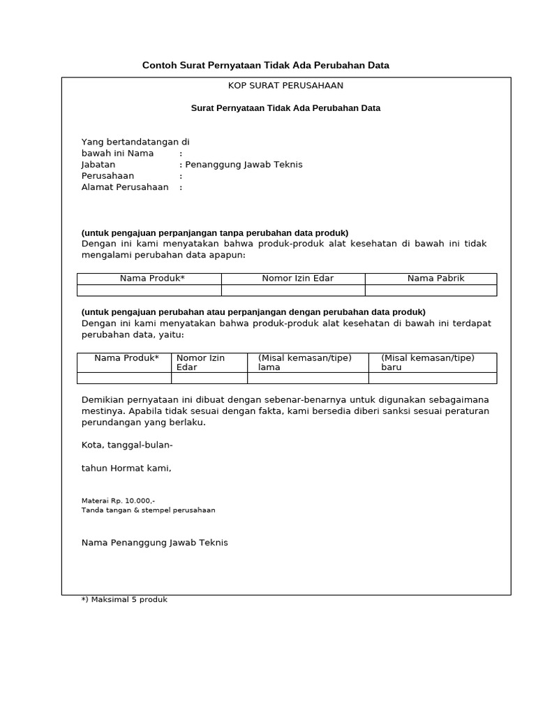Surat Pernyataan Tidak Ada Perubahan Data | PDF