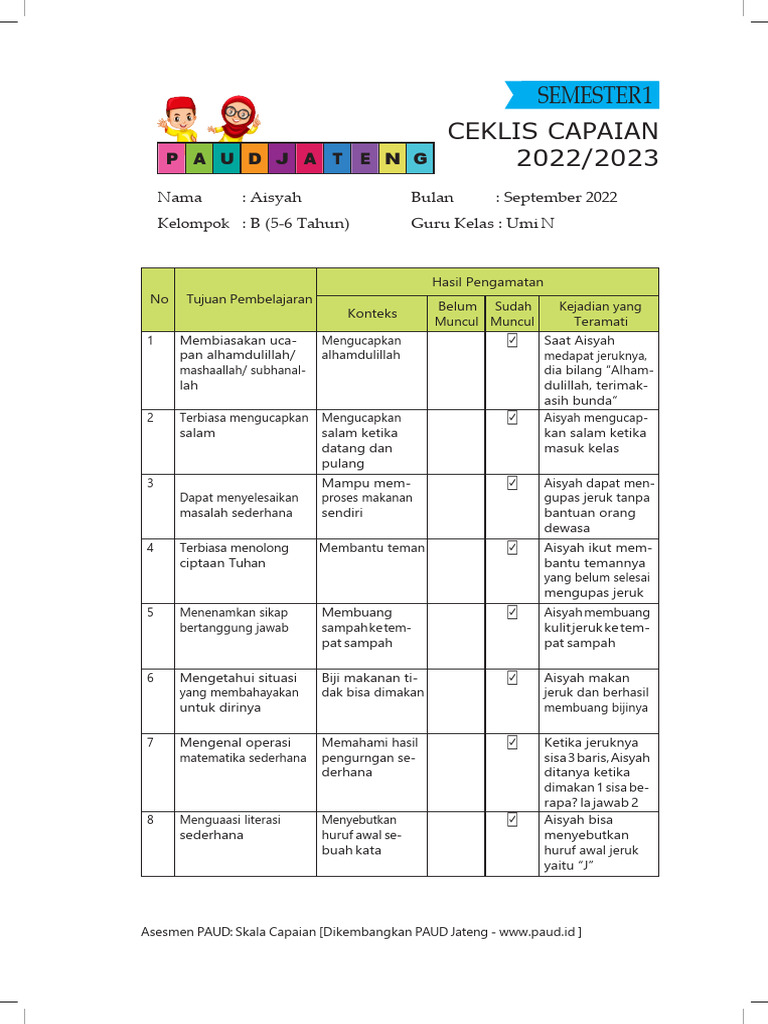 Ceklis Skala Capaian Paud | PDF