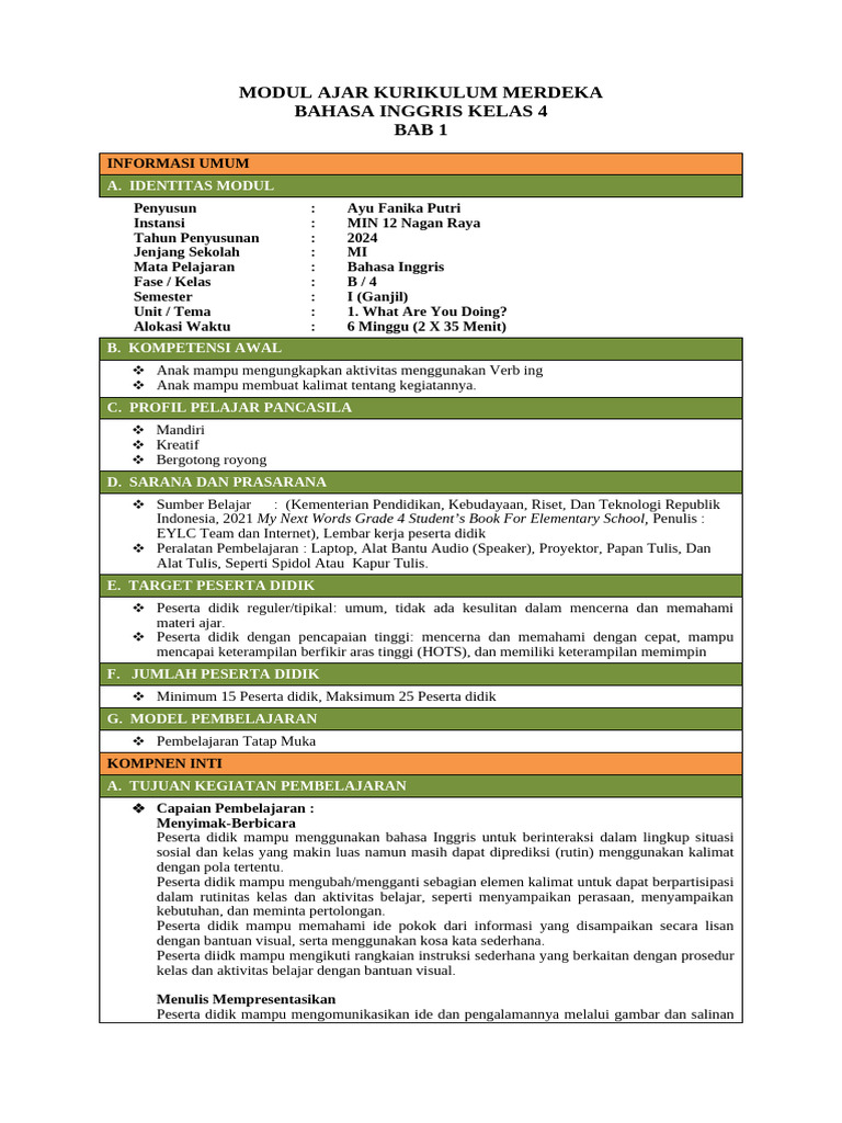 BAB 1 - MA B Inggris Kls 4 | PDF
