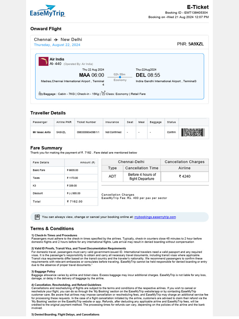 EaseMyTrip Flight E-Ticket For Flights | PDF