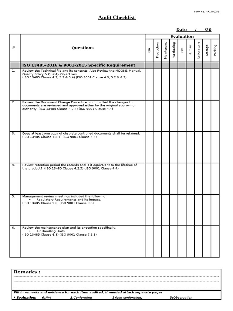 Audit Checklist For ISO 13485 | PDF
