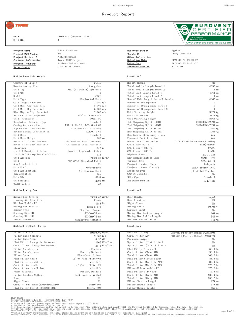 AHU & Warehouse-AHU-Selections Report | PDF