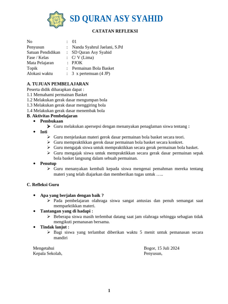Contoh Catatan Refleksi Guru | PDF