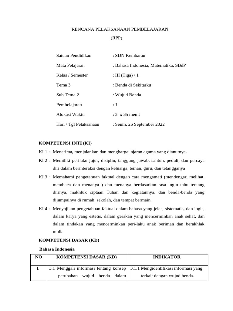 RPP Tema 3 Subtema 2 PB 1 | PDF