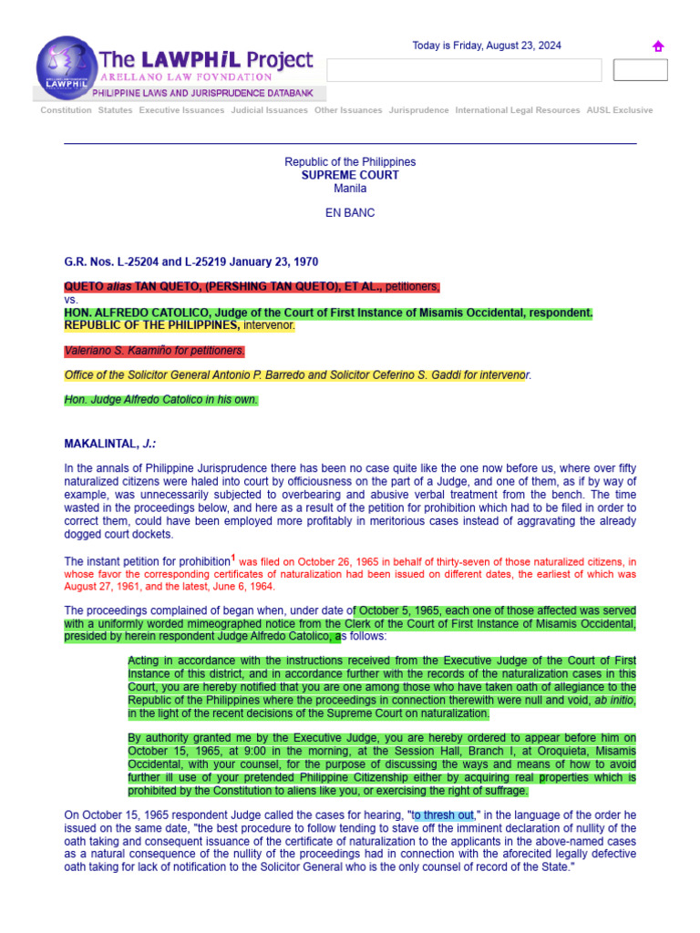 G.R. No. L 25204 and L 25219 Quito v. Catolico 31 SCRA 52 | PDF