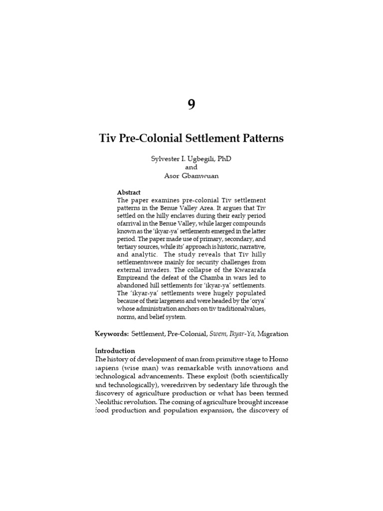 Tiv Pre-Colonial Settlement Patterns: Makurdiowl Journal of Philosophy ...