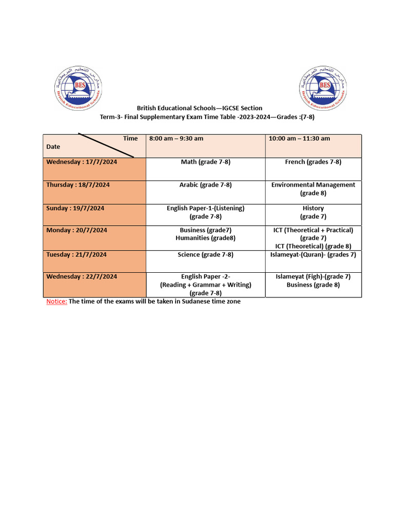 Term-3 - Final Supplementary Exam Time Table - 2023-2024-Grades-7-8 | PDF