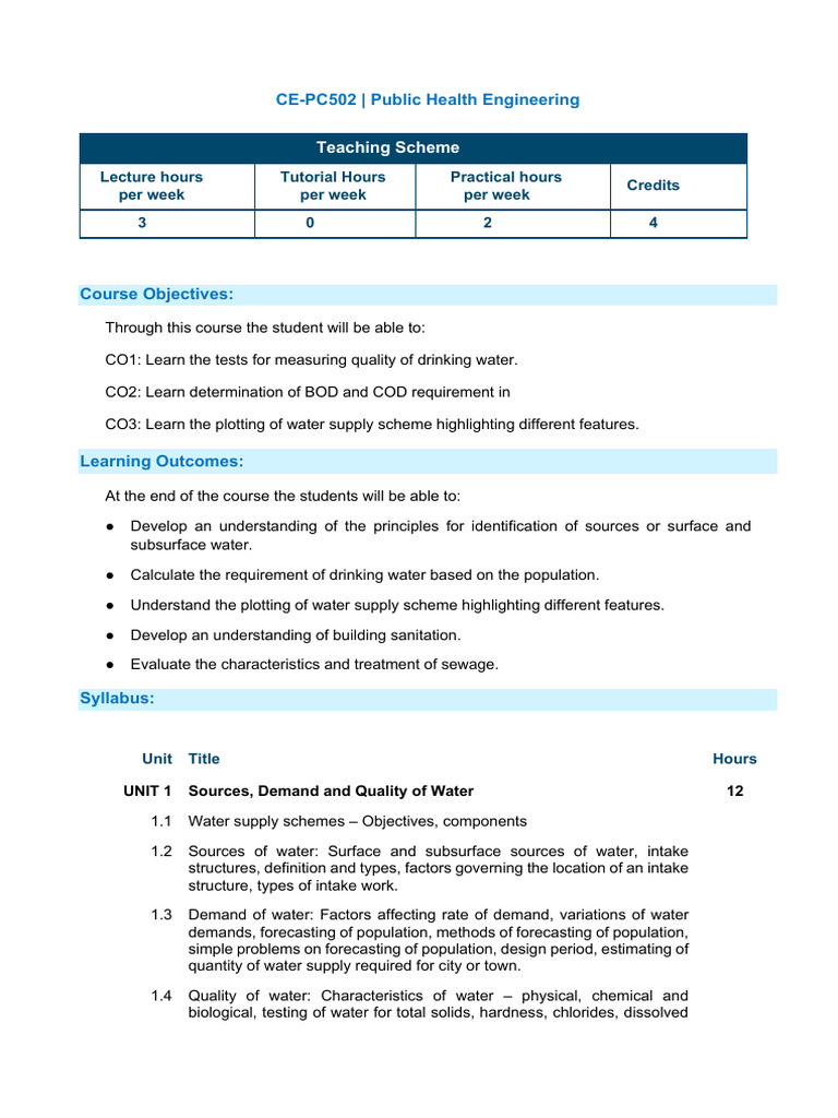 Public Health Engineering (Syllabus) | PDF