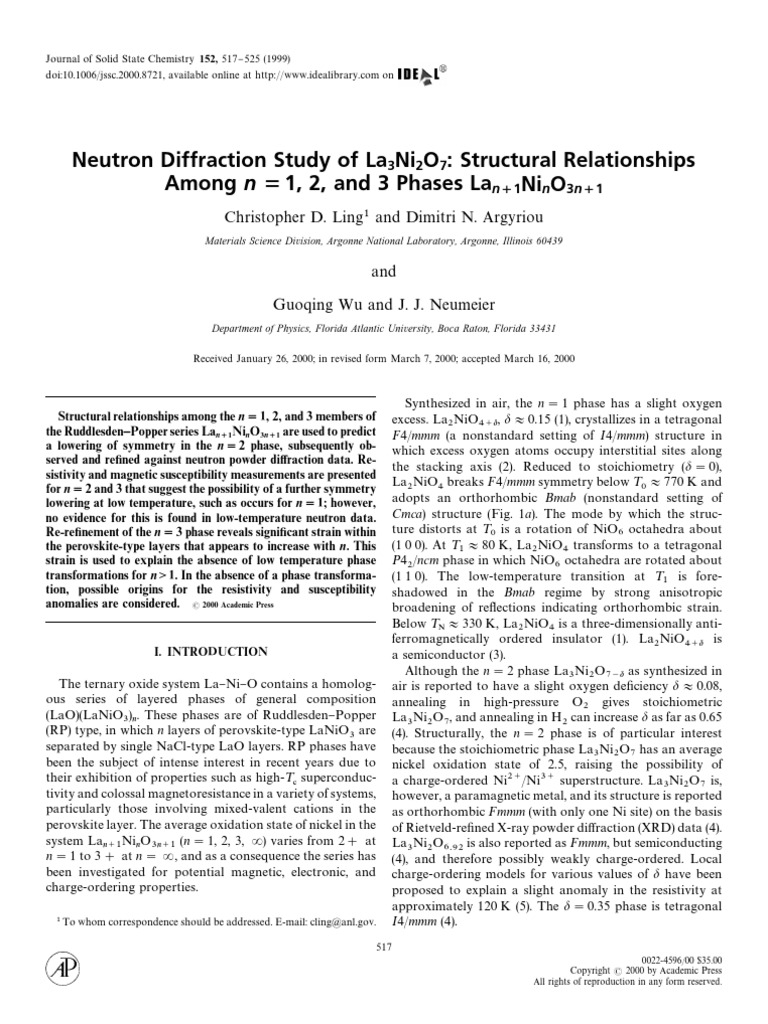 Neutron Diffraction Study of La3Ni2O7 | PDF