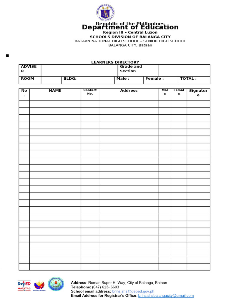 2024 Bnhs Shs Learners Directory | PDF