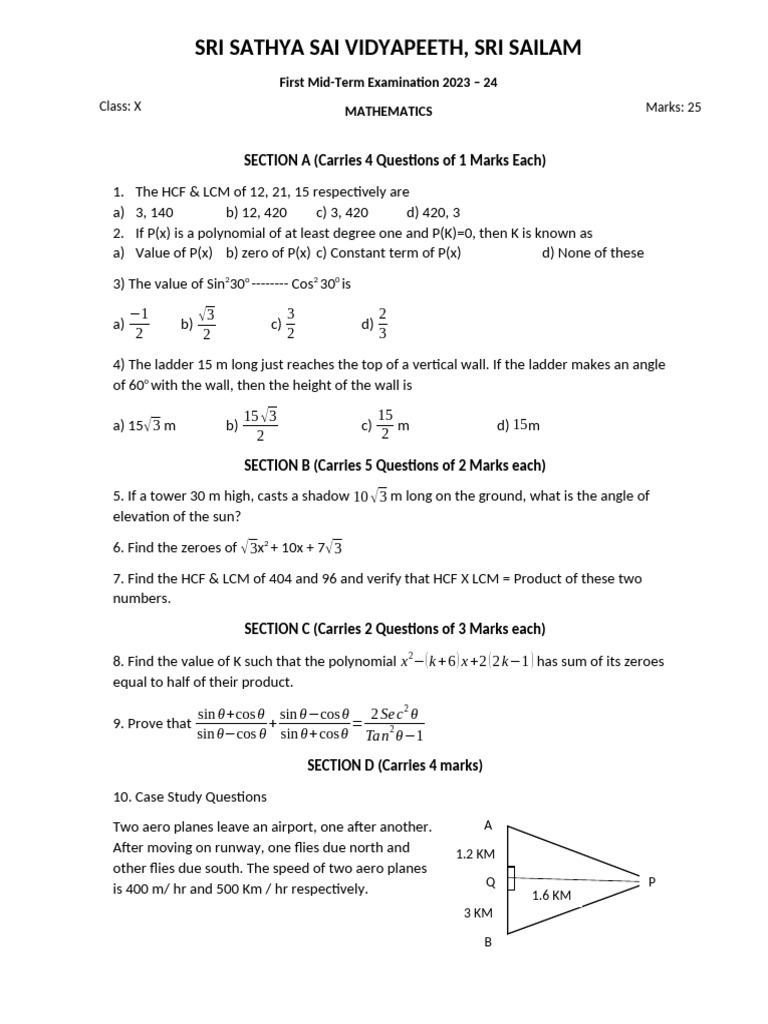 10th Question Paper Maths | PDF