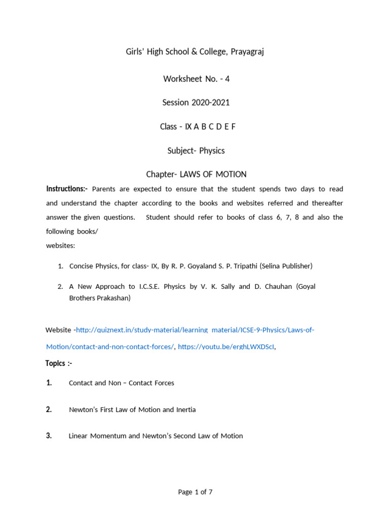 Physics Class 9 WS 4 | PDF