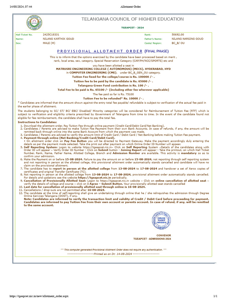 Allotment Order MECS | PDF