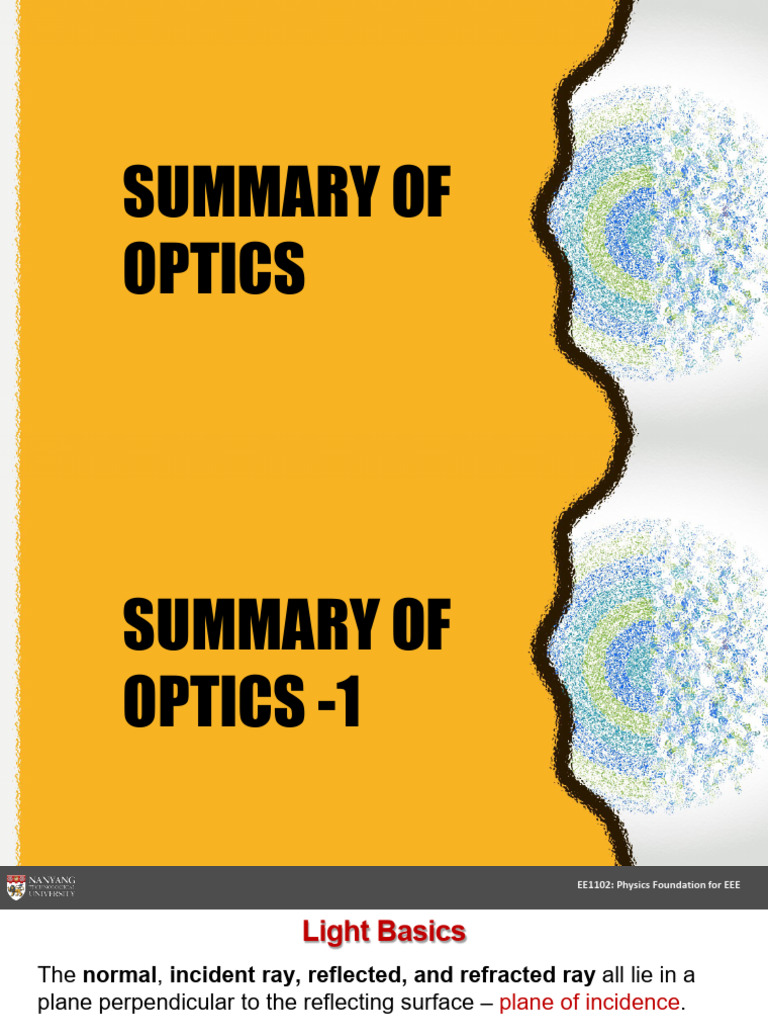 EE1102 - PPT - Optics Summary (Spring 2024) | PDF