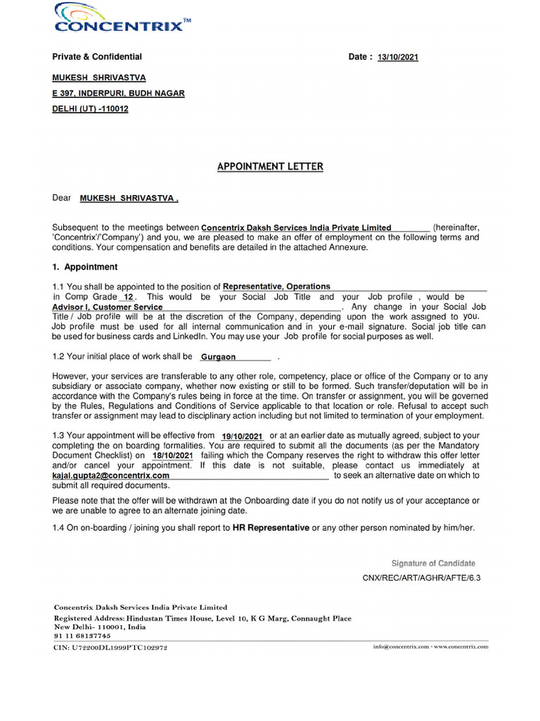 Concentrix Appointment Letter | PDF