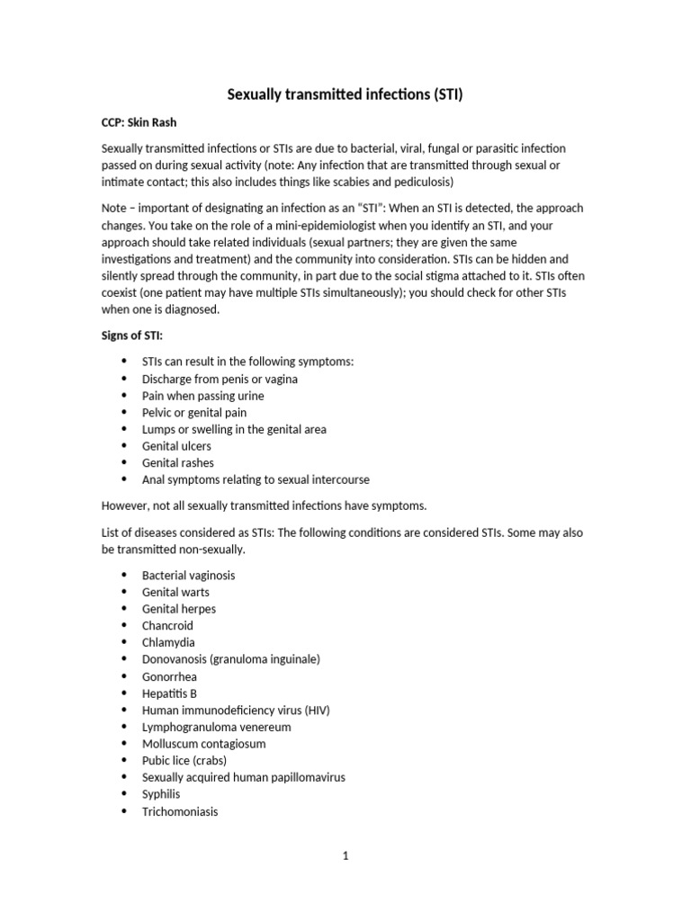 Sexually Transmitted Infections (STI) : CCP: Skin Rash | PDF