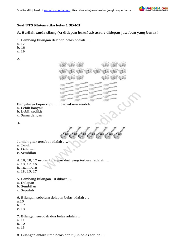 30 Contoh Soal Uts Matematika Kelas 1 Sd Mi Dan Kunci Jawaban Pdf