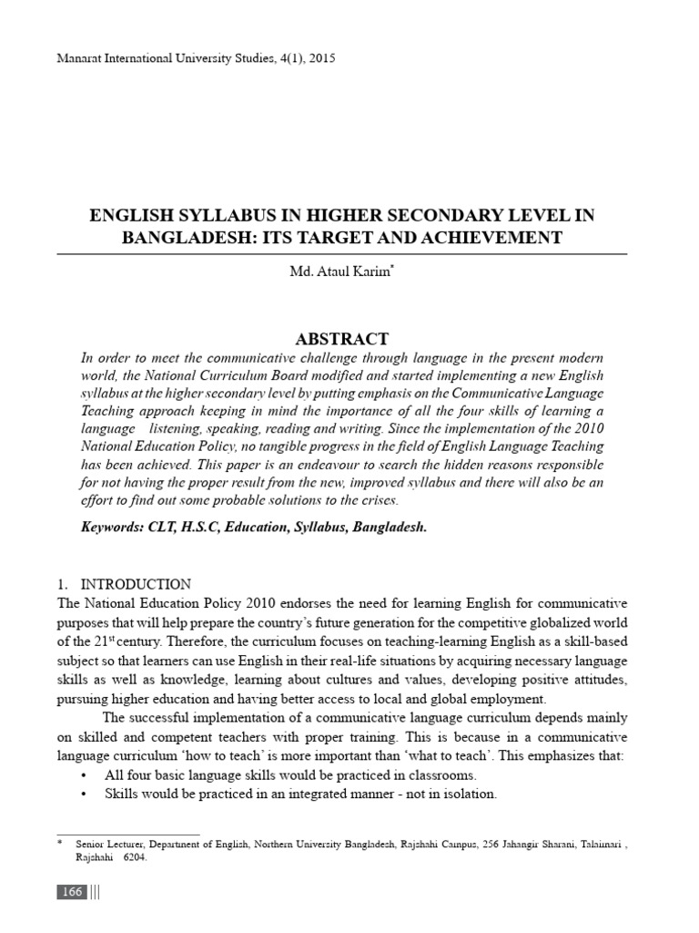 English Syllabus in Higher Secondary Level in Bangladesh: Its Target ...