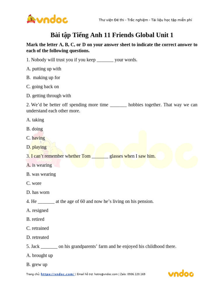 Bai Tap Tieng Anh 11 Friends Global Unit 1 | PDF