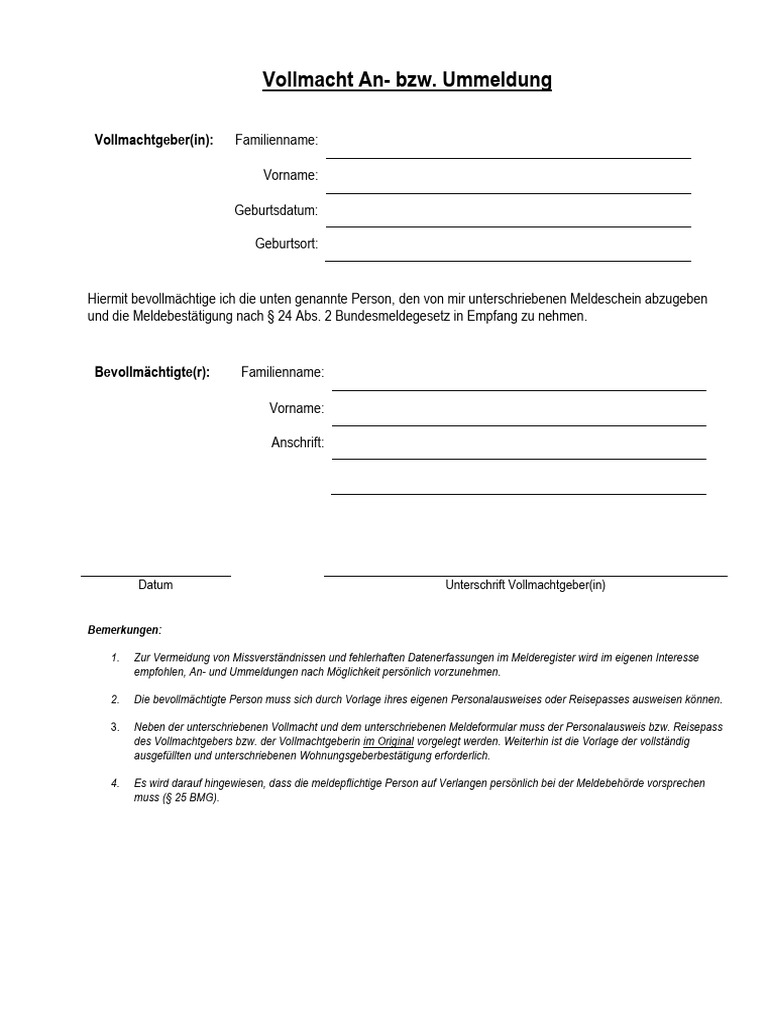 Vollmacht Und Meldeschein An - Und Ummeldung | PDF