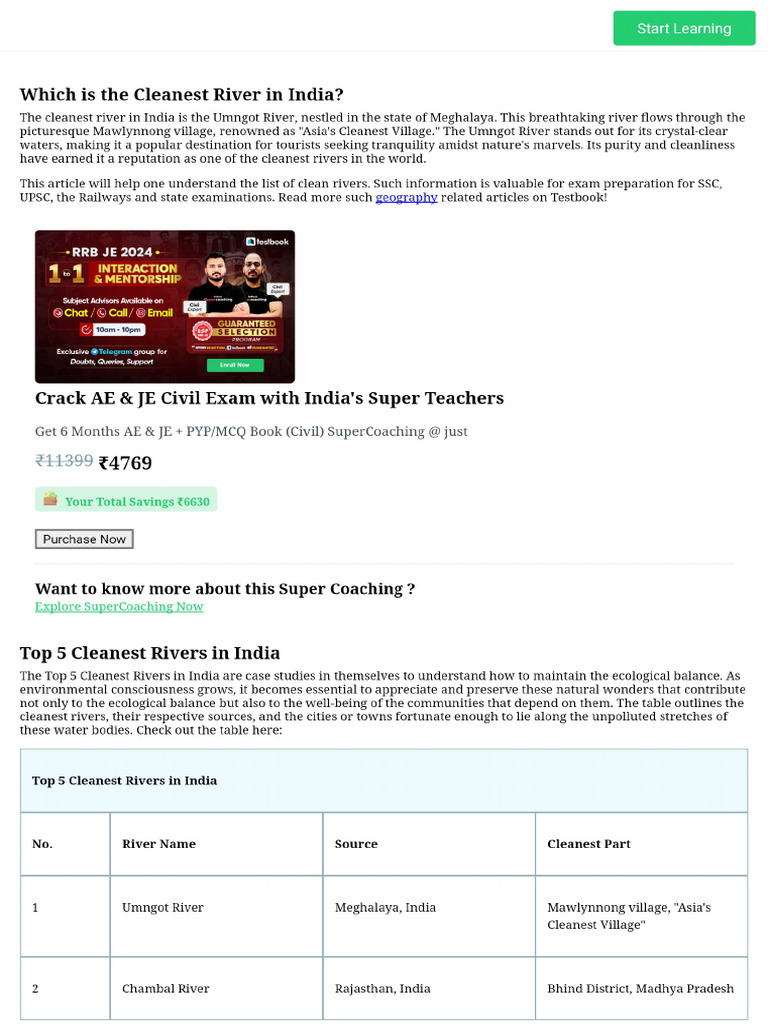 Cleanest Rivers in India - Check Cleanest River, List, Features | PDF