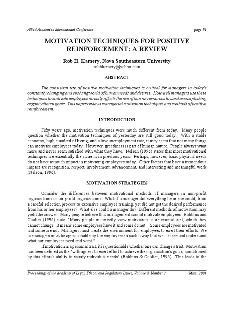 Motivation Techniques For Positive Reinforcement: A Review: Rob H ...