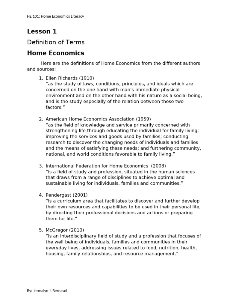 Bernasol Home Economics Literacy Lesson 1 | PDF