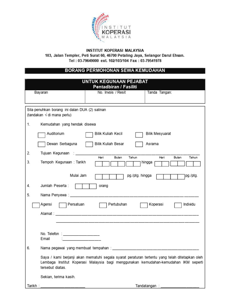 Borang Permohonan Sewa Kemudahan Untuk Kegunaan Pejabat Pentadbiran / Fasiliti | PDF