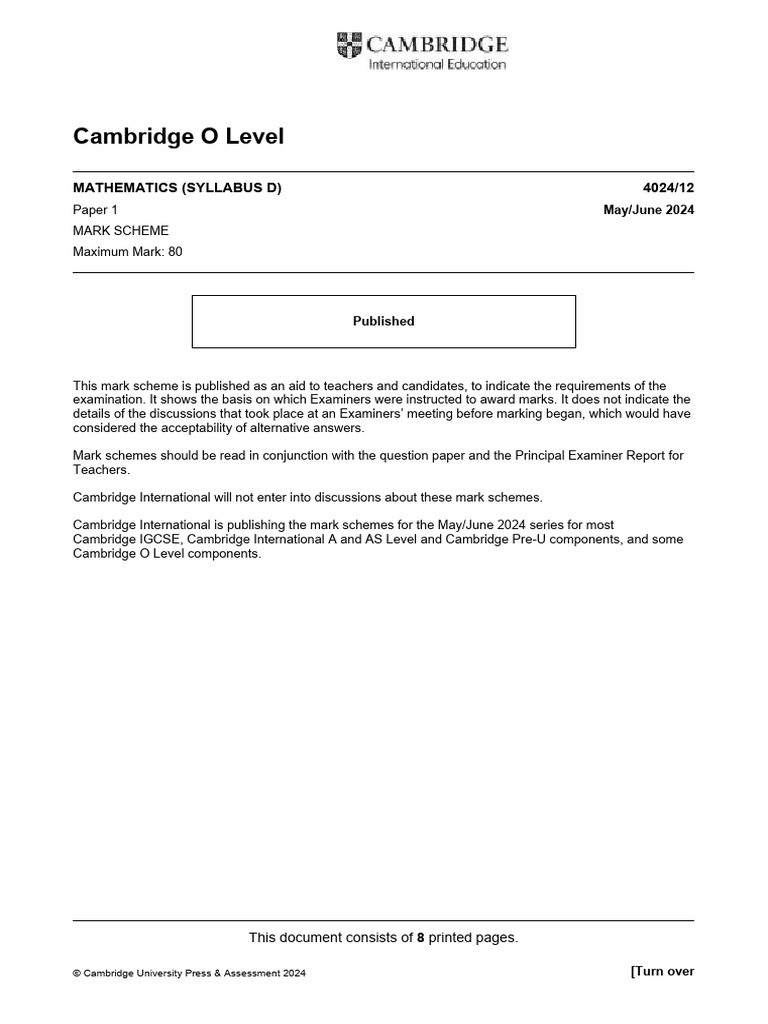 Cambridge O Level: Mathematics (Syllabus D) 4024/12 | PDF