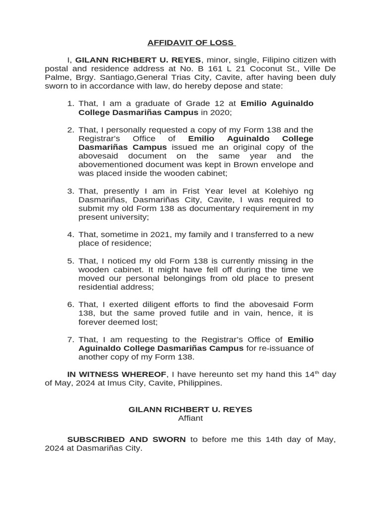 AFFIDAVIT OF LOSS OF Form 138 GILANN RICHBERT U. REYES | PDF