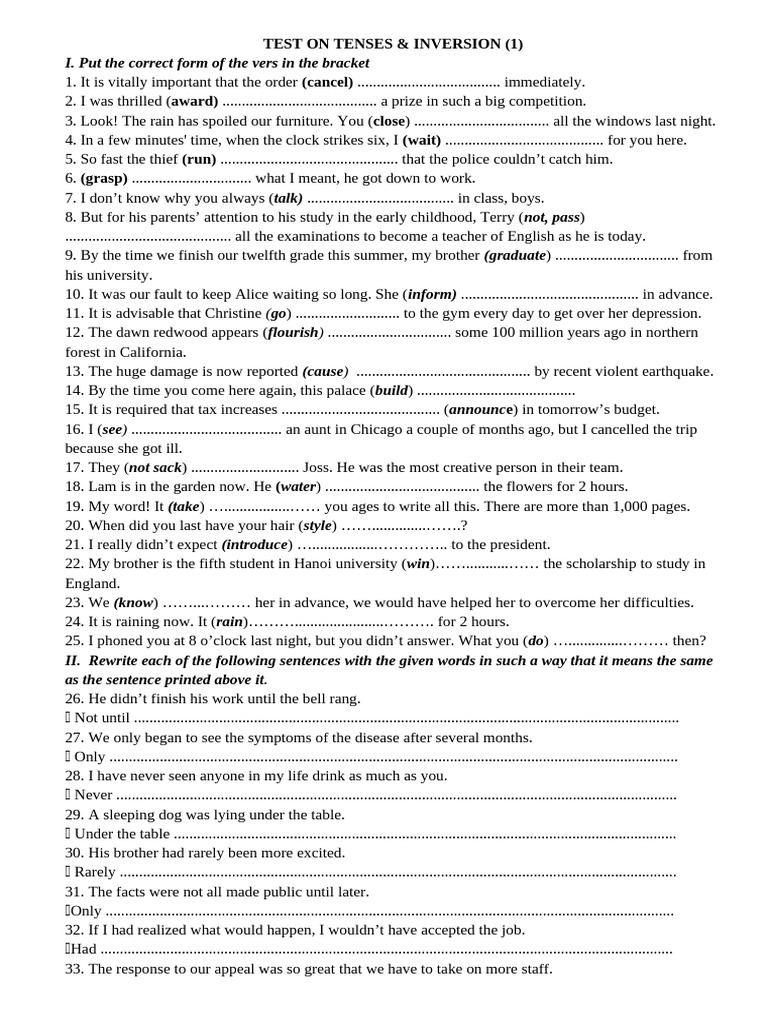 Test On Tenses & Inversion | PDF
