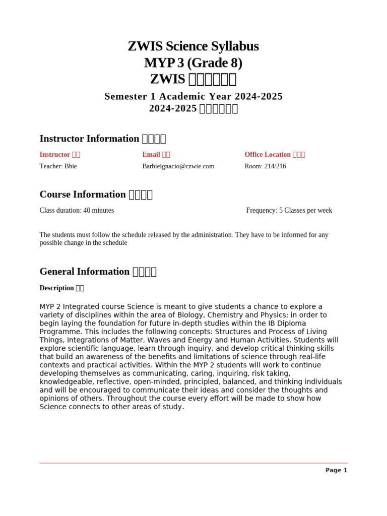 MYP 3 SCIENCE Syllabus Semester 1 | PDF | Genetics | Evolution