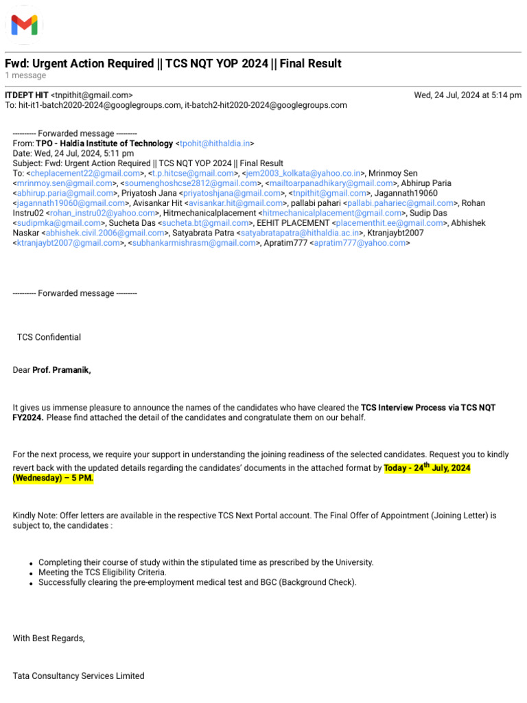 Gmail - FWD - Urgent Action Required - TCS NQT YOP 2024 - Final Result ...