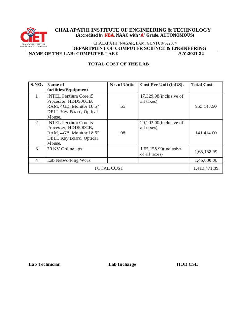 Computer Lab Equipment Costs 2021-22 | PDF | Intel | Computers